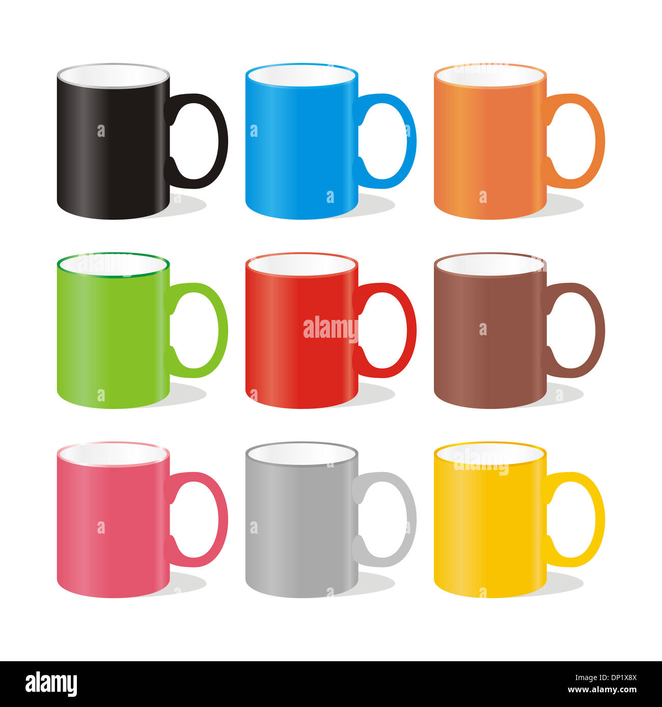 vector illustration of nine isolated colored mugs Stock Photo - Alamy