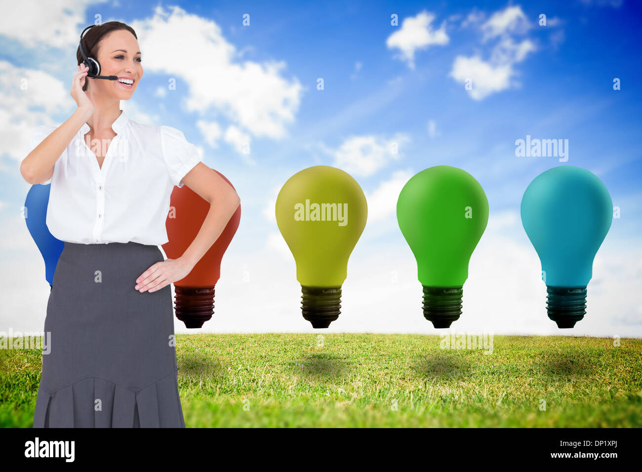 Composite image of cheerful smart call center agent working Stock Photo ...
