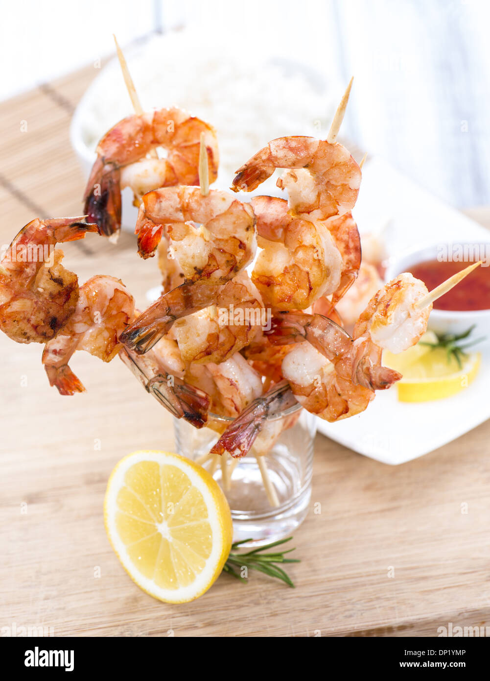 Party Food (Prawn Skewers) with Sweet Chilli Sauce Stock Photo - Alamy