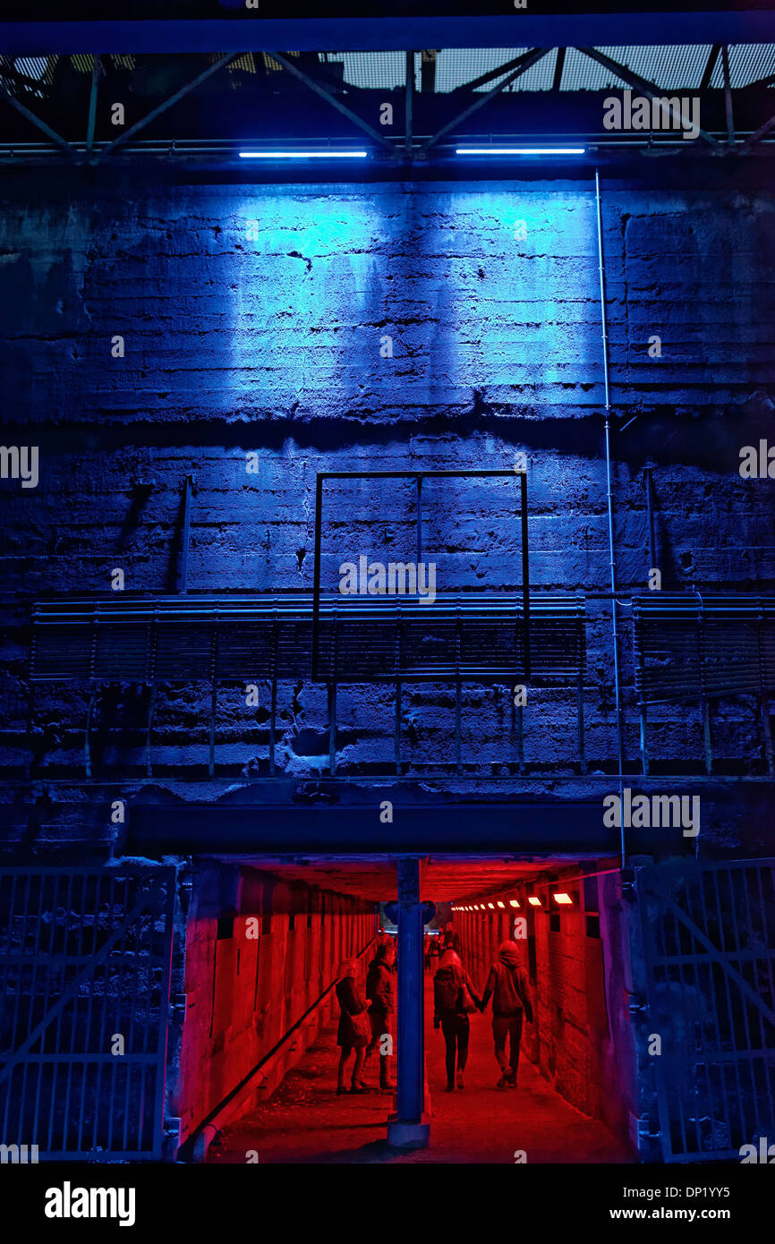 Illuminated tunnel, former coal bunkers, disused steelworks, Landscape ...