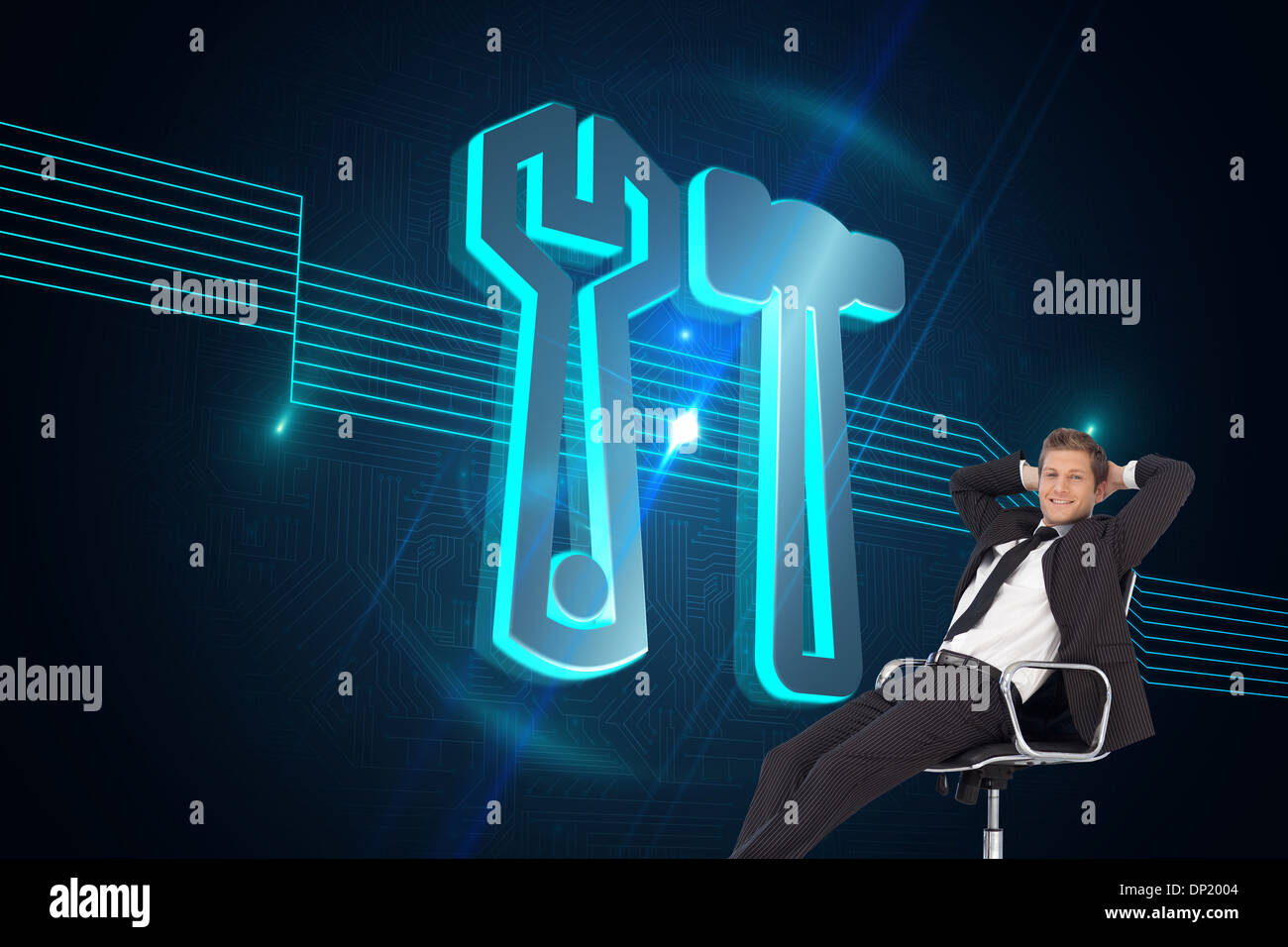 Composite image of manager relaxing in office with team in background ...
