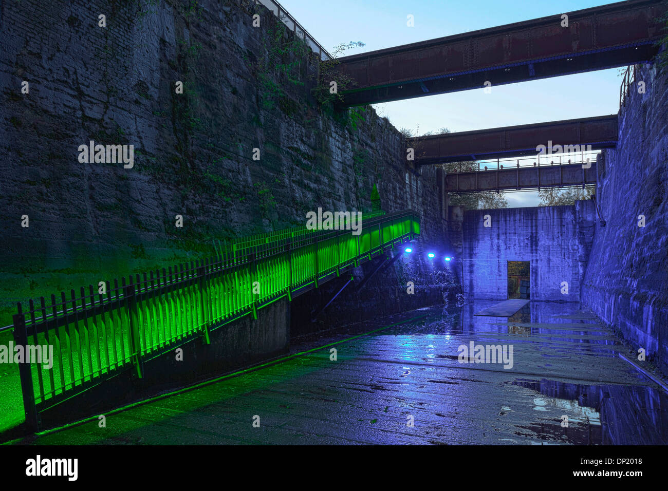 Illuminated former coal bunkers, disused steelworks, Landscape Park ...