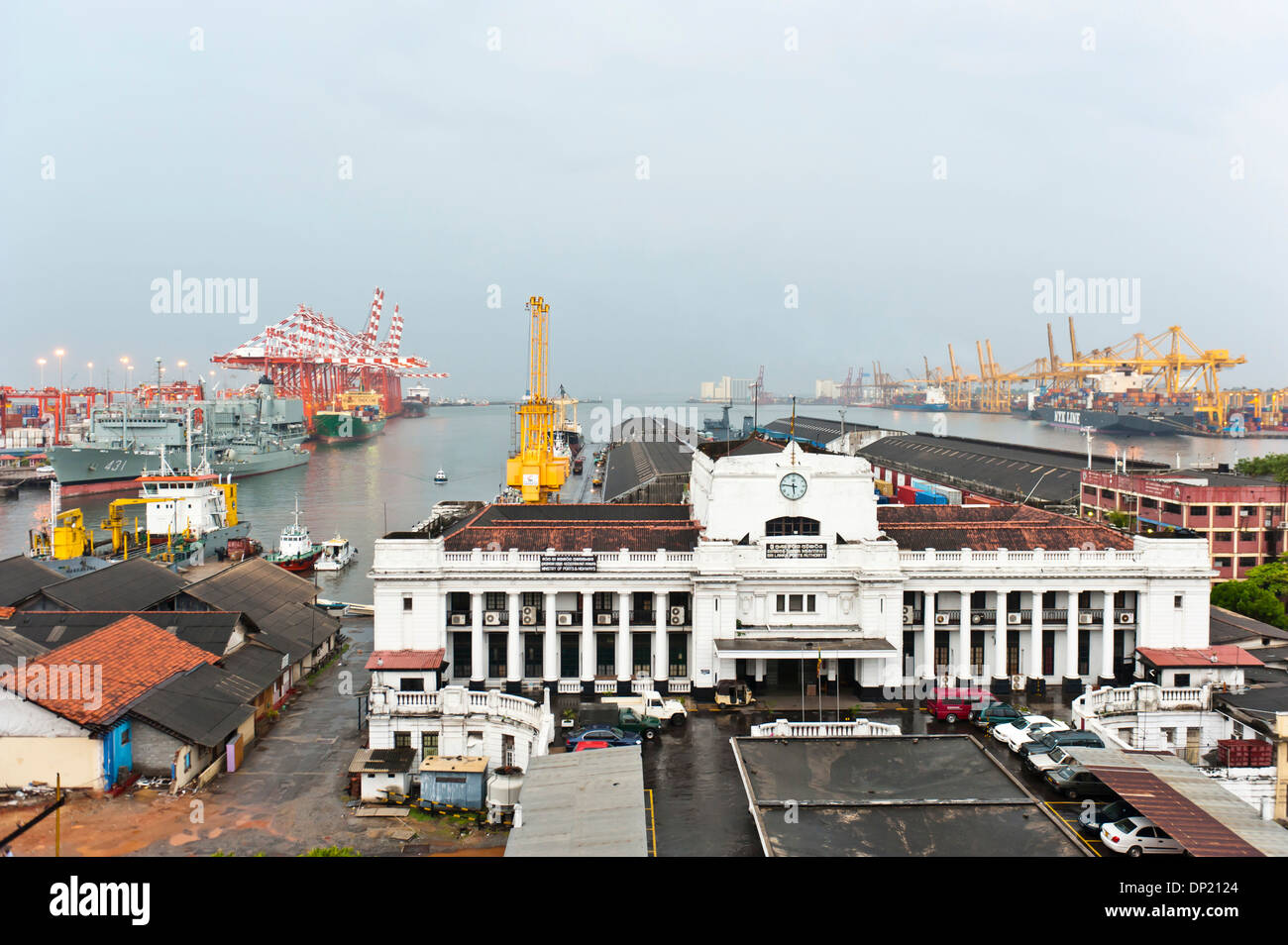 Colonial port building, the modern container port at the back, Colombo ...