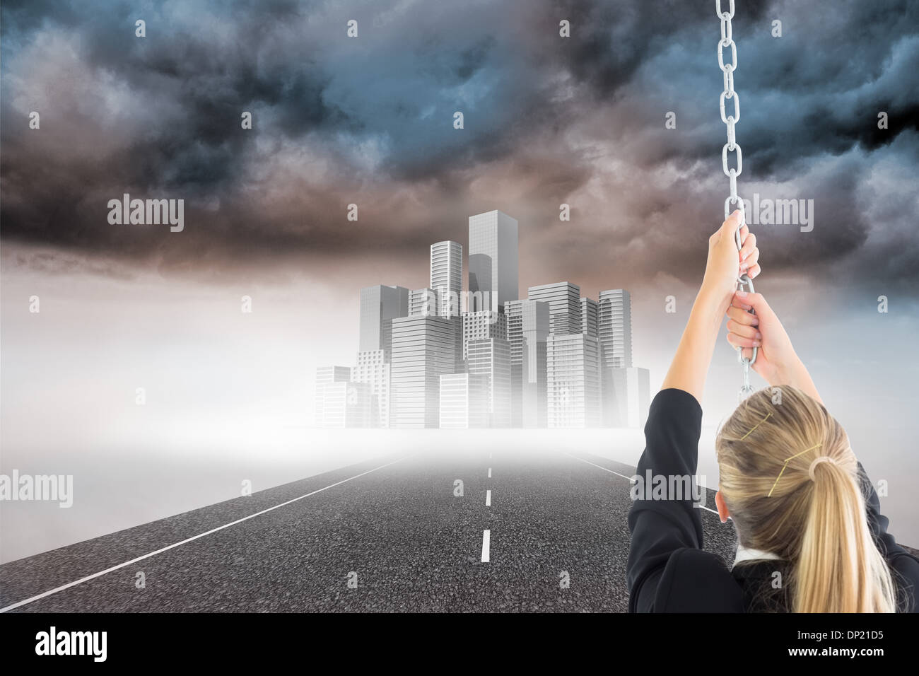 Composite image of businesswoman pulling a chain Stock Photo - Alamy