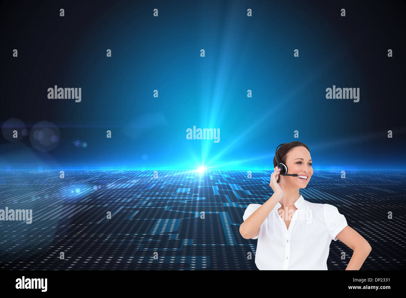 Composite image of cheerful smart call center agent working while ...
