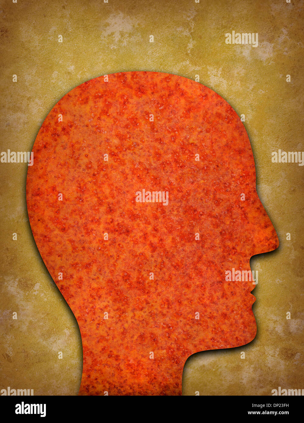 Rusty head profile silhouette against yellowed distressed background ...