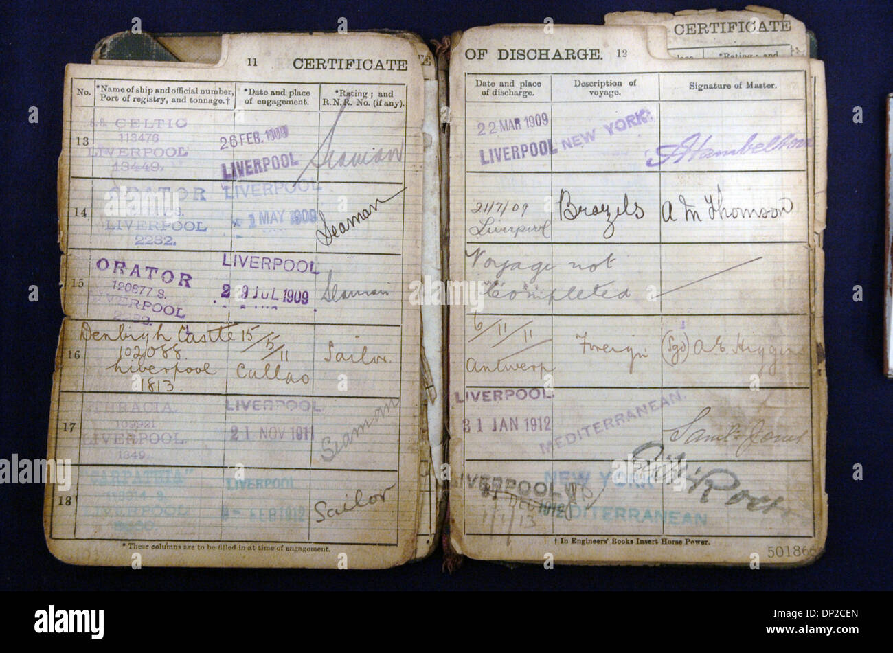 May 26, 2006; Manhattan, NY, USA; A discharge book from R.M.S ...