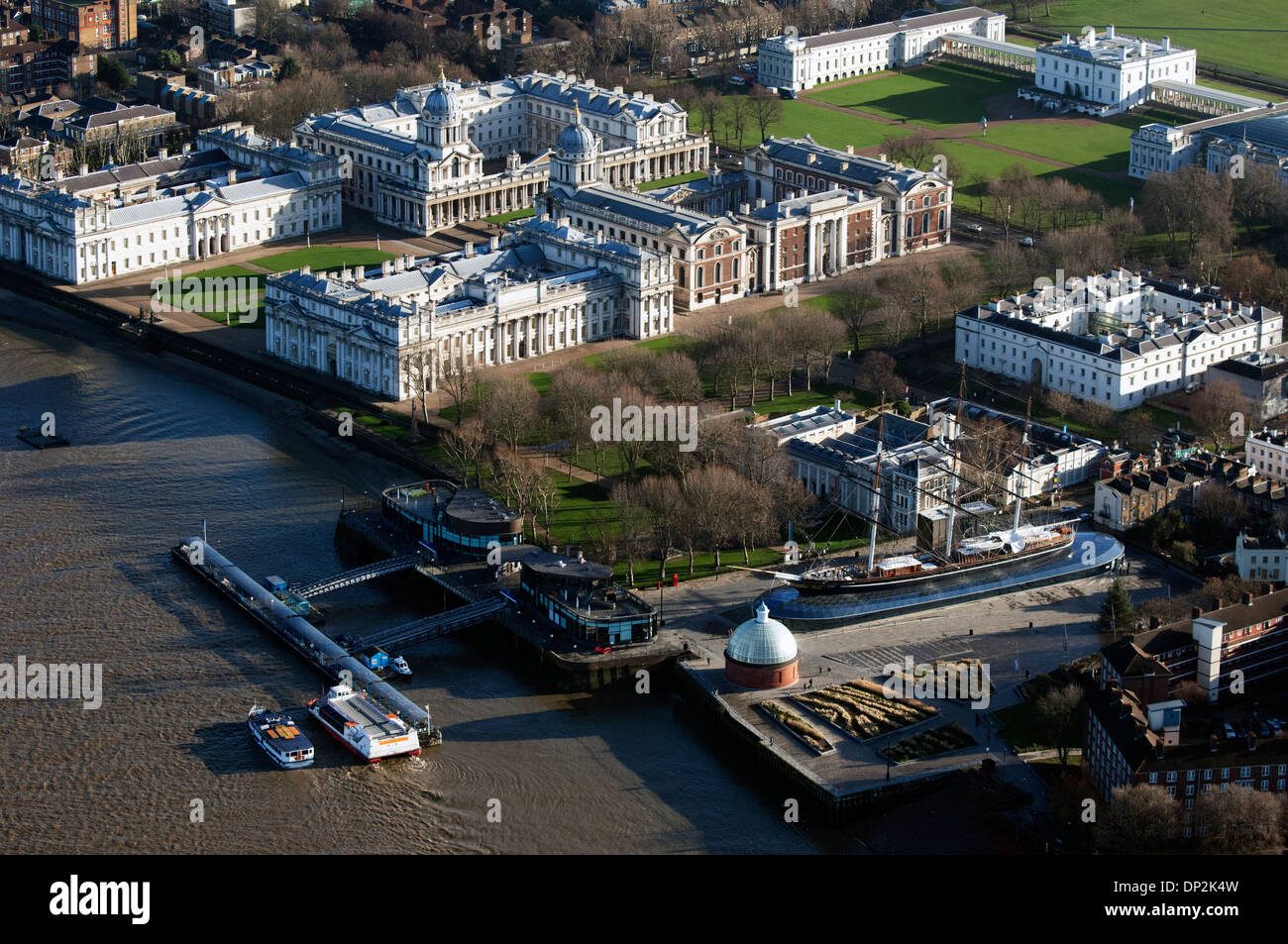 Greenwich London and the Cutty Sark on the River Thames from the air ...