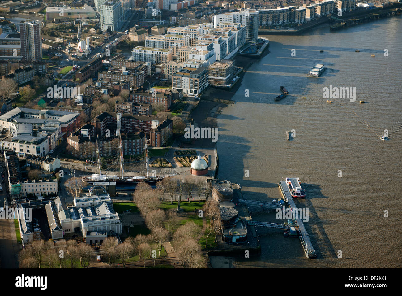 Greenwich London and the Cutty Sark on the River Thames from the air ...