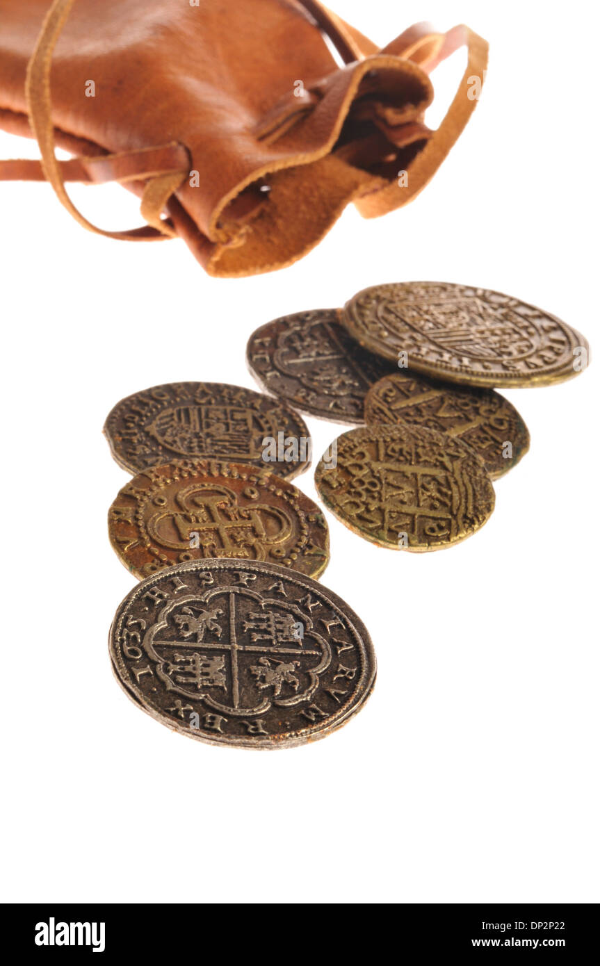 ancient medieval coins out of a small leather purse Stock Photo - Alamy