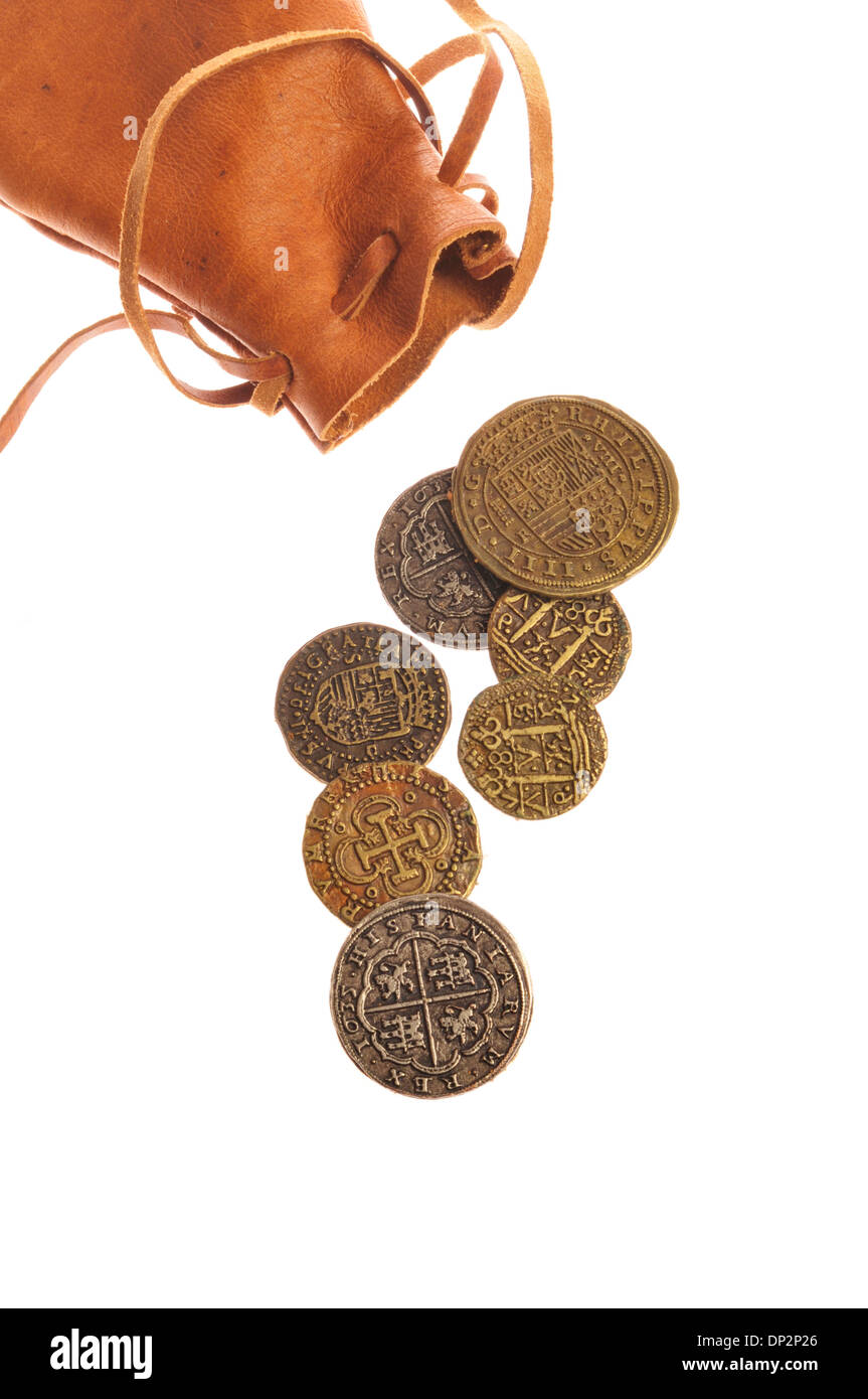 ancient medieval coins out of a small leather purse Stock Photo - Alamy