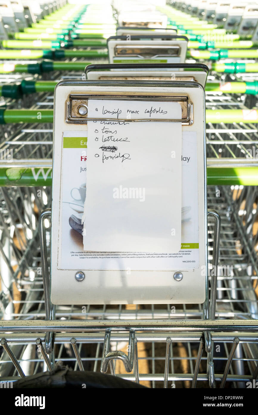 Waitrose shopping trolley and clip board with shopping list left ...