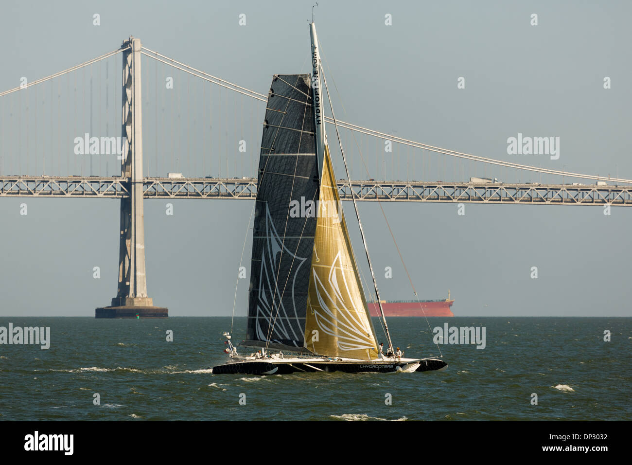 Sailboat portrayed in front of the San Francisco–Oakland Bay Bridge ...