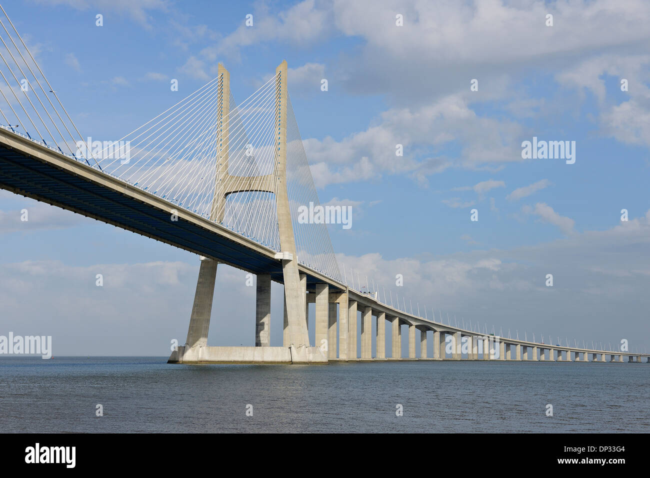 Vasco da Gama Bridge spans the Tagus River, Lisbon, Portugal Stock ...