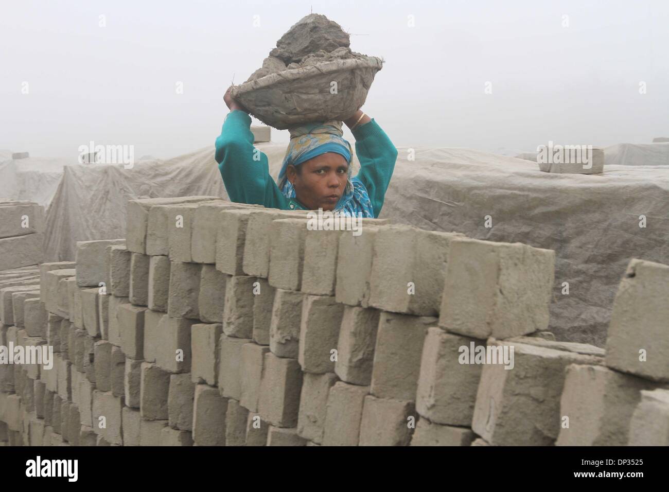 Bangladeshi woman daily laborer working winter morning in a brickfield ...