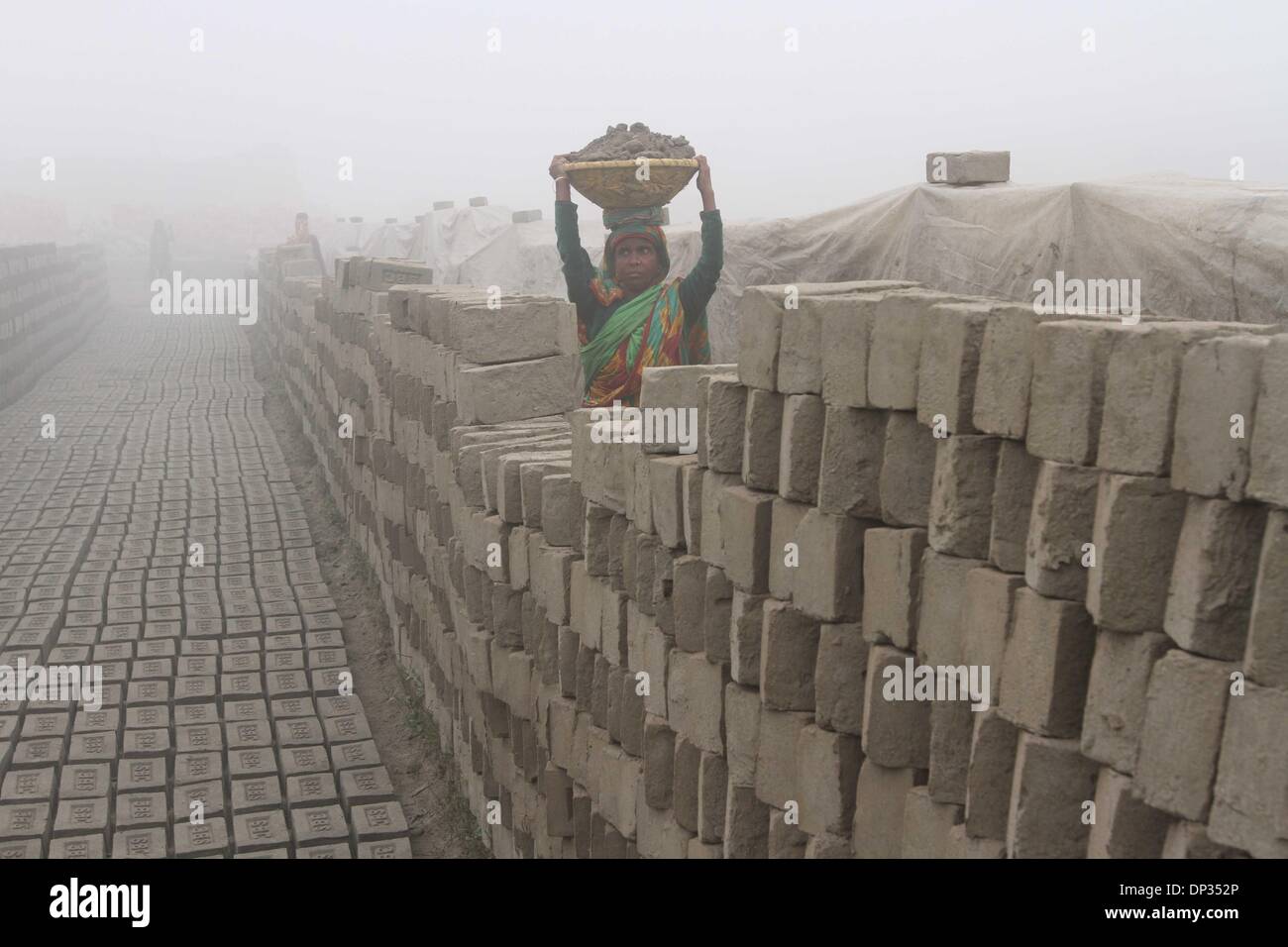 Bangladeshi woman daily laborer working winter morning in a brickfield ...