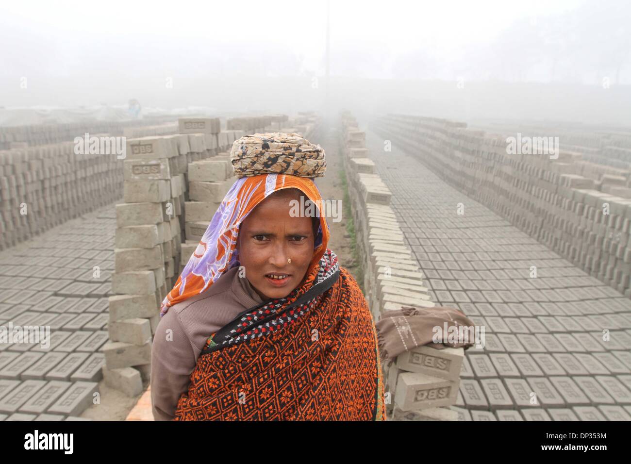 Bangladeshi woman daily laborer working winter morning in a brickfield ...