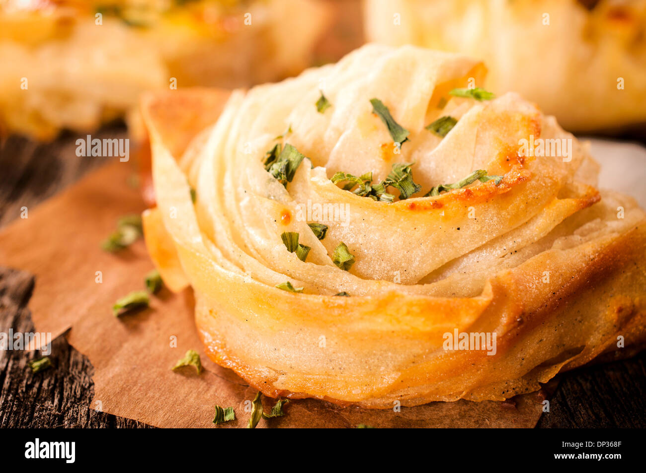 Homemade pastry with the cheese and chive.Selective focus on the front ...