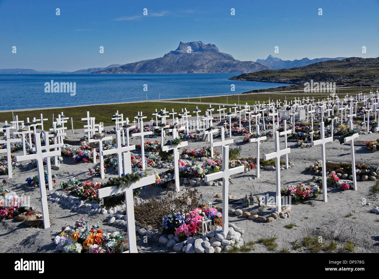 Cemetery with Sermitsiaq mountain in background, Nuuk (Godthab ...