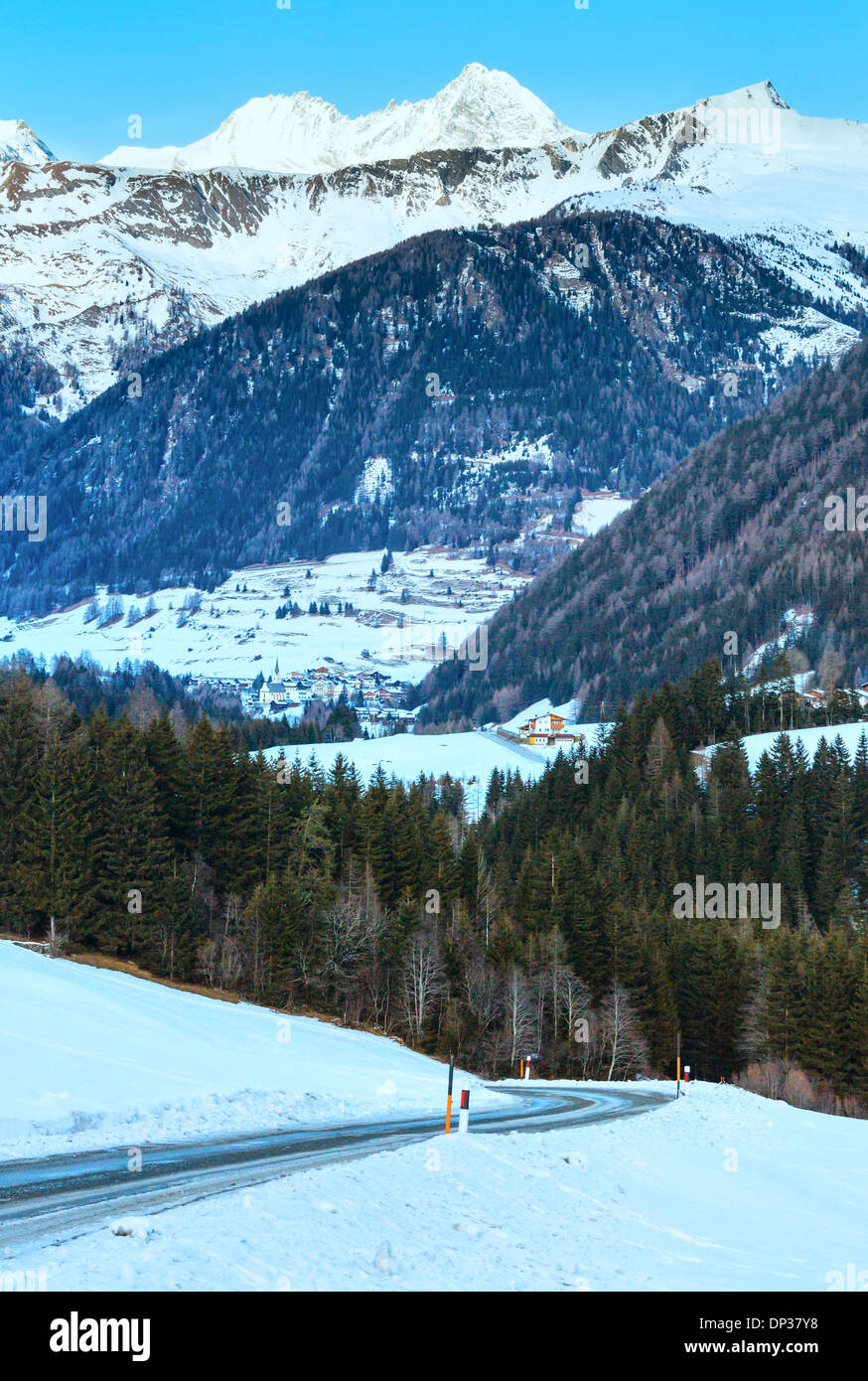 Winter mountain country landscape with road on slope (Austria Stock ...