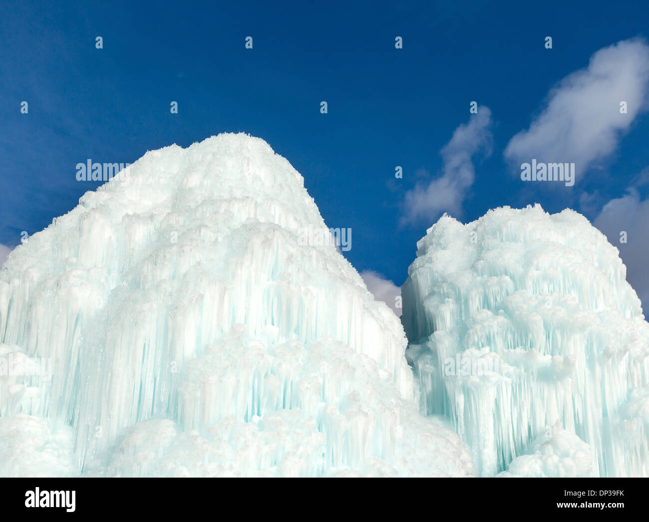 Frozen water in fountain (ice waterfall) on sky background Stock Photo ...