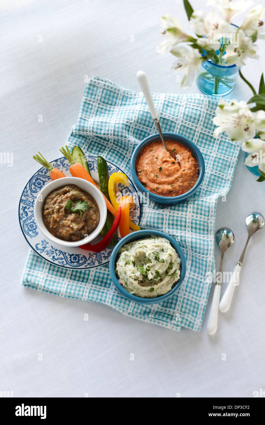 Overhead View of Greek Dips with Raw Vegetables Appetizers, Studio Shot ...
