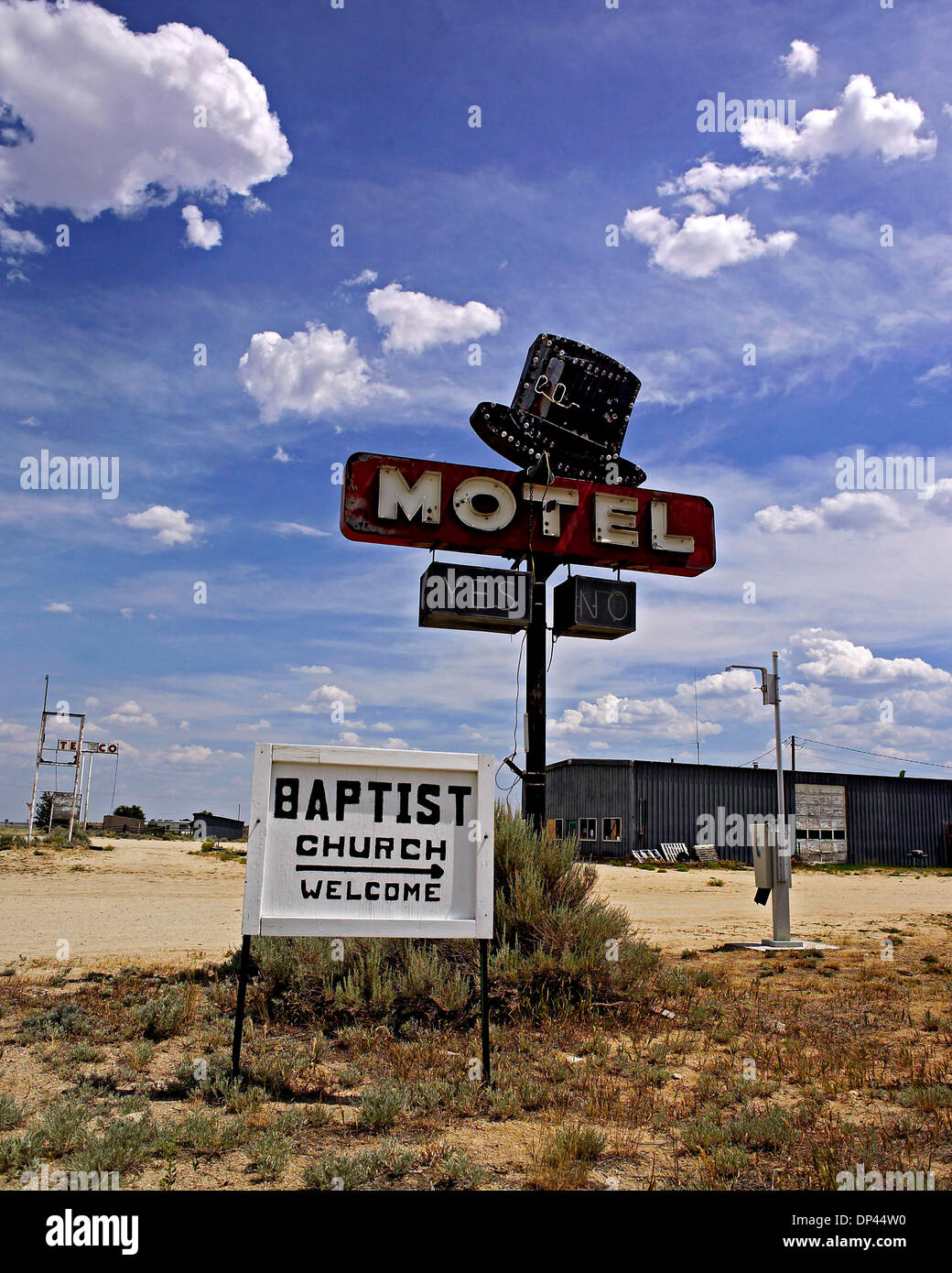 Jul 23, 2006; Jeffrey City, Wyoming, USA; An old motel sign and current ...