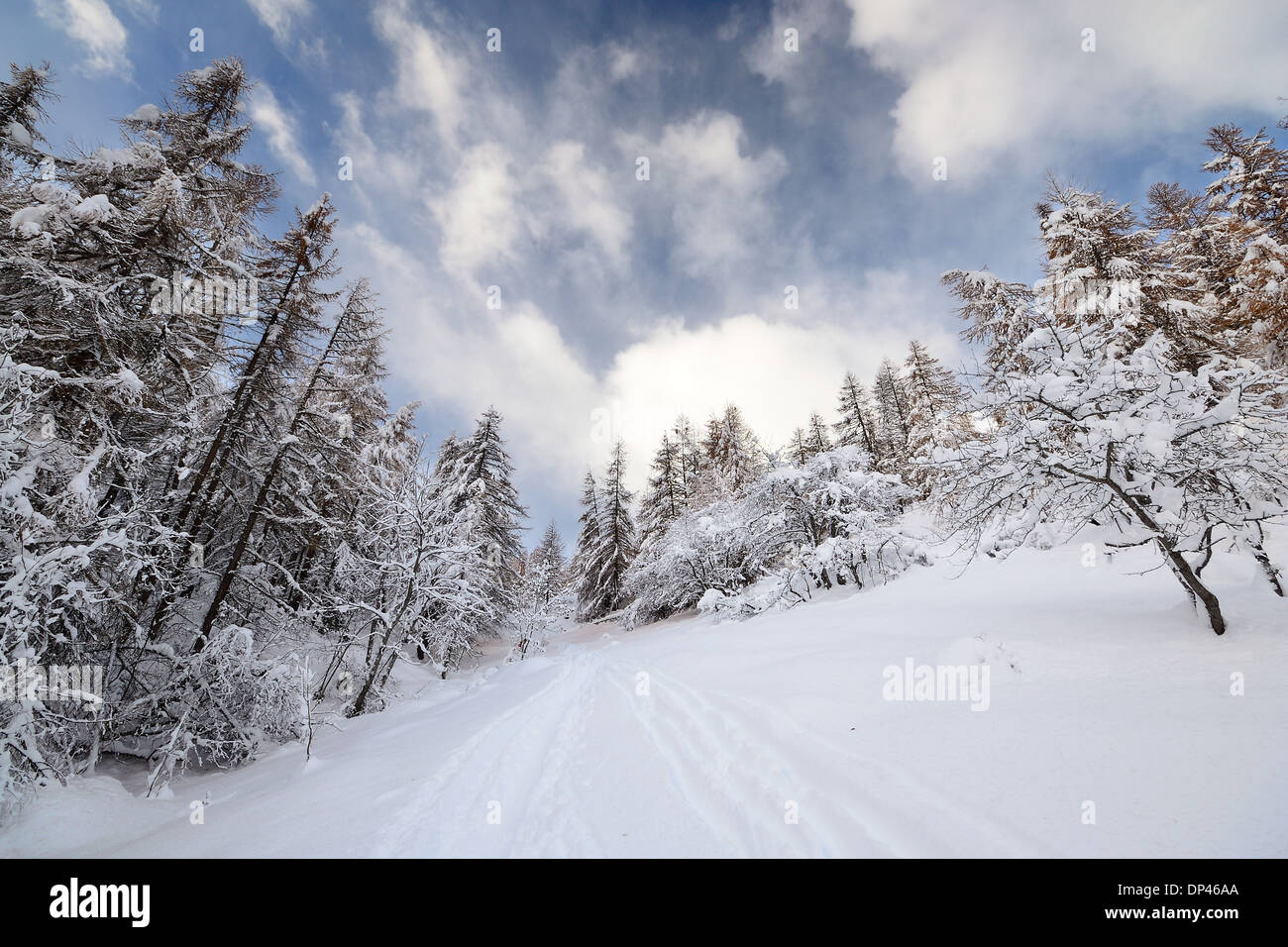 Winter landscape in the Alps after heavy snowfalls. Wide angle shot of ...