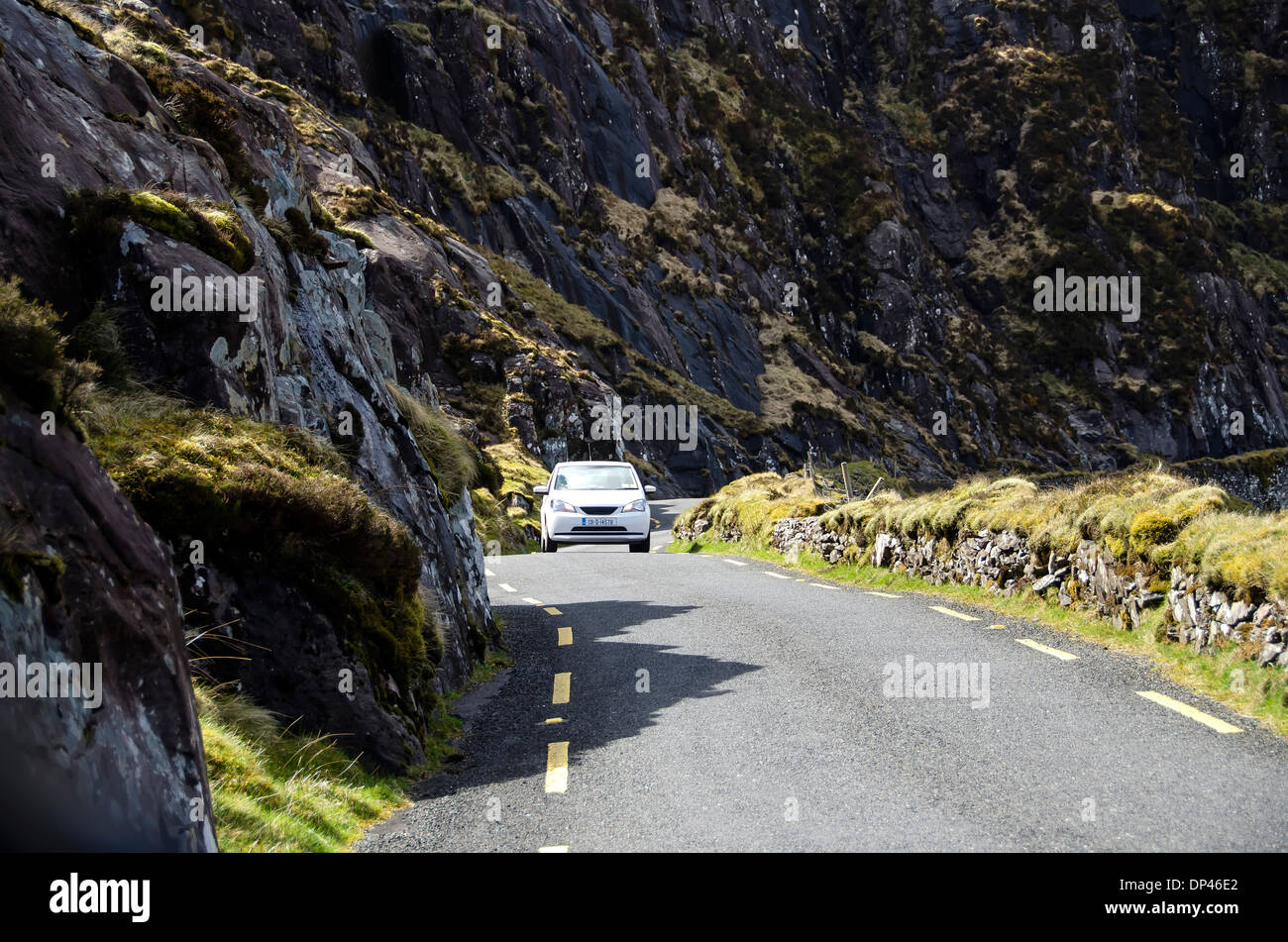 Auto on narrow two-way road descending the Conor Pass from Dingle town ...