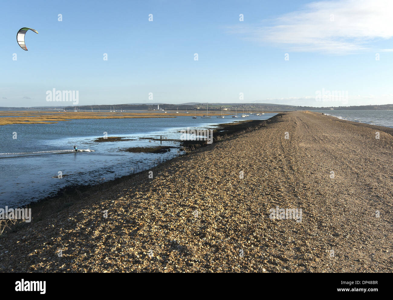 Kite surfer next to the long shingle spit leading to Hurst Castle and ...