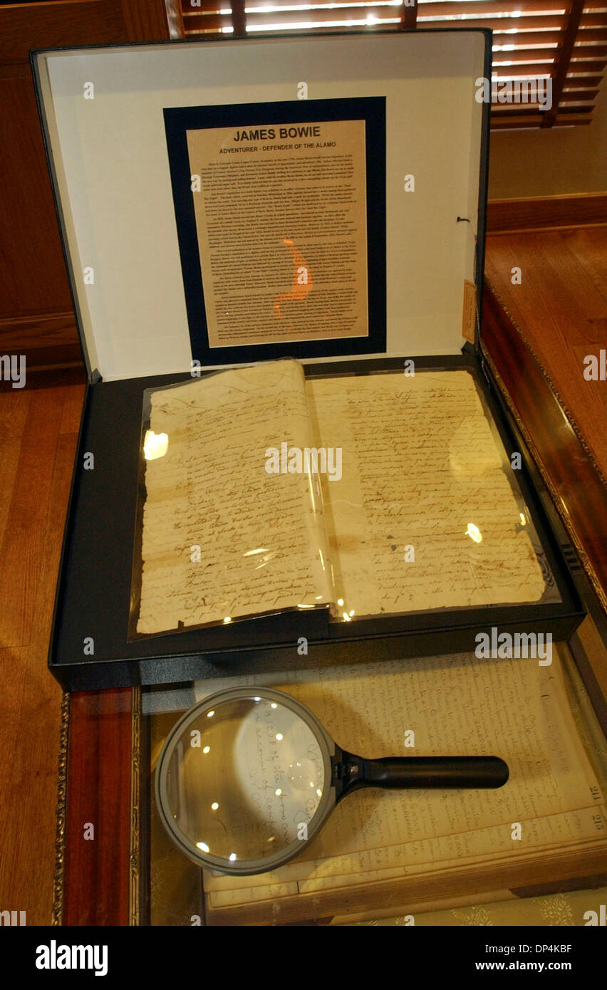 Aug 16, 2006; San Antonio, TX, USA; A writing by James Bowie is one of ...