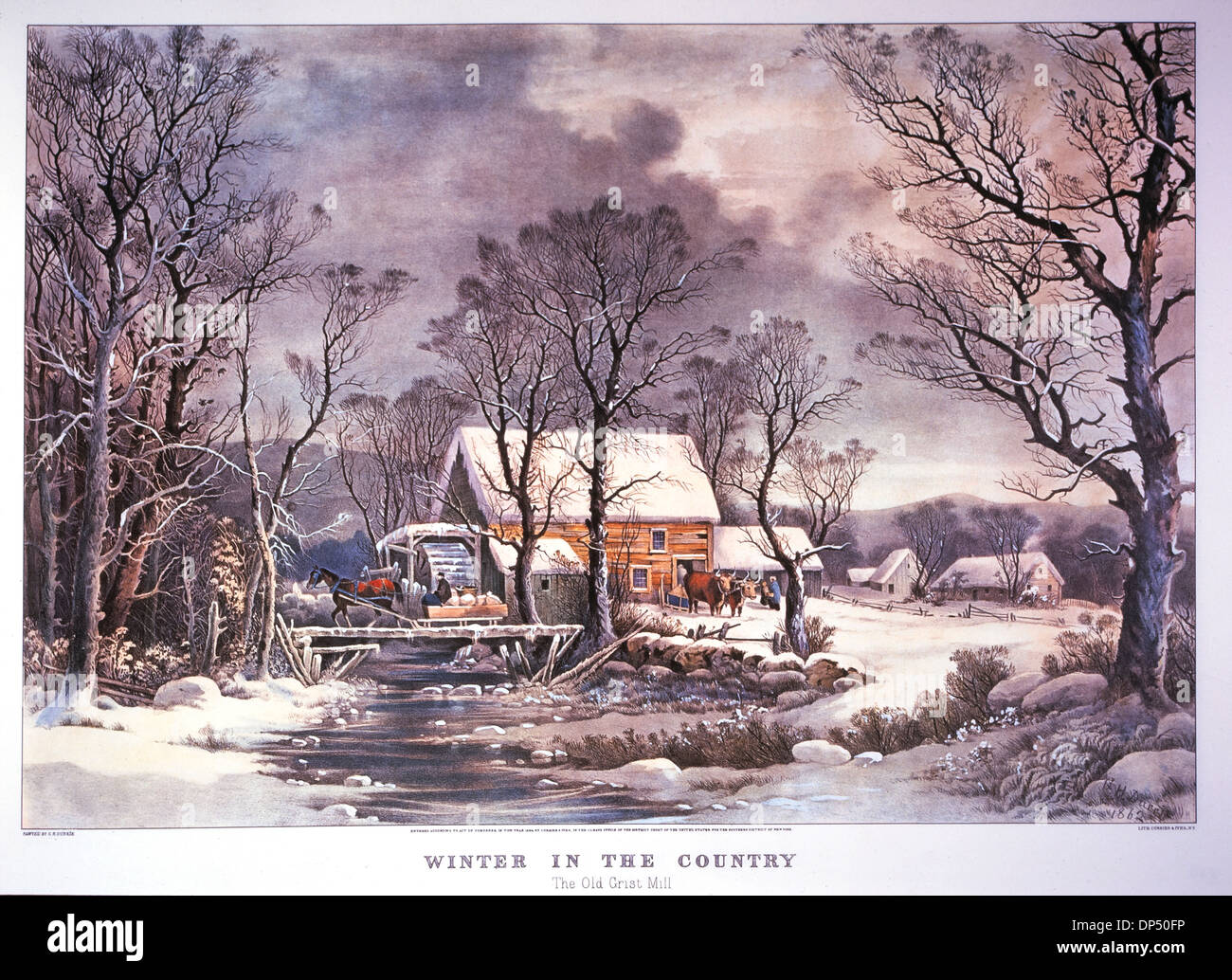 Winter in the Country, The Old Grist Mill, Lithograph, Currier & Ives ...