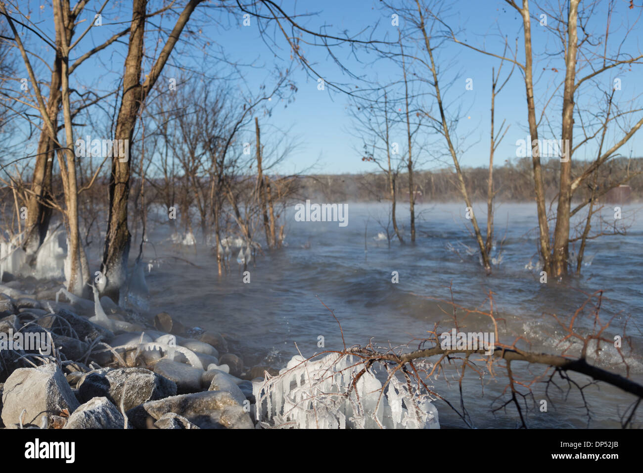 Ice coats the rocks and trees beside the Tennessee River on a very cold ...