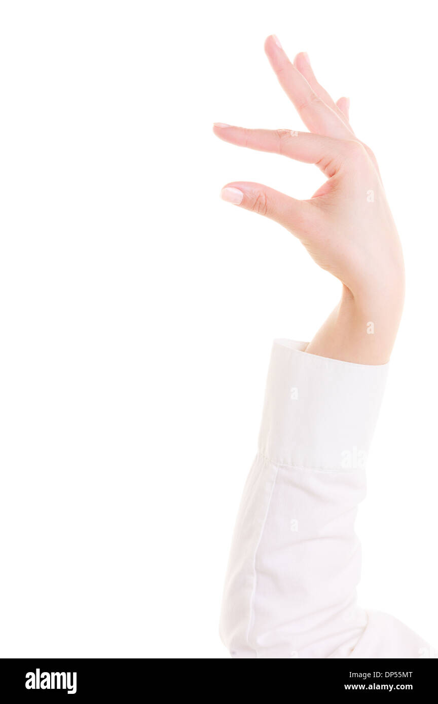 Female hand measuring finger gesture sign isolated on white background ...