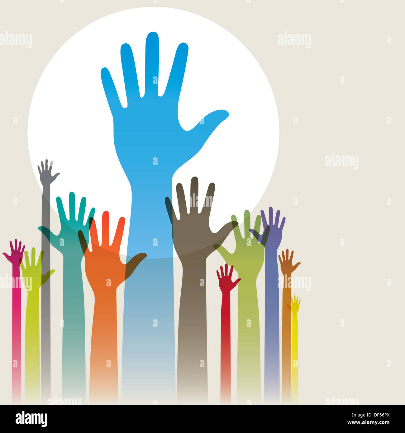 Vector illustration of colorful raised hands Stock Photo - Alamy