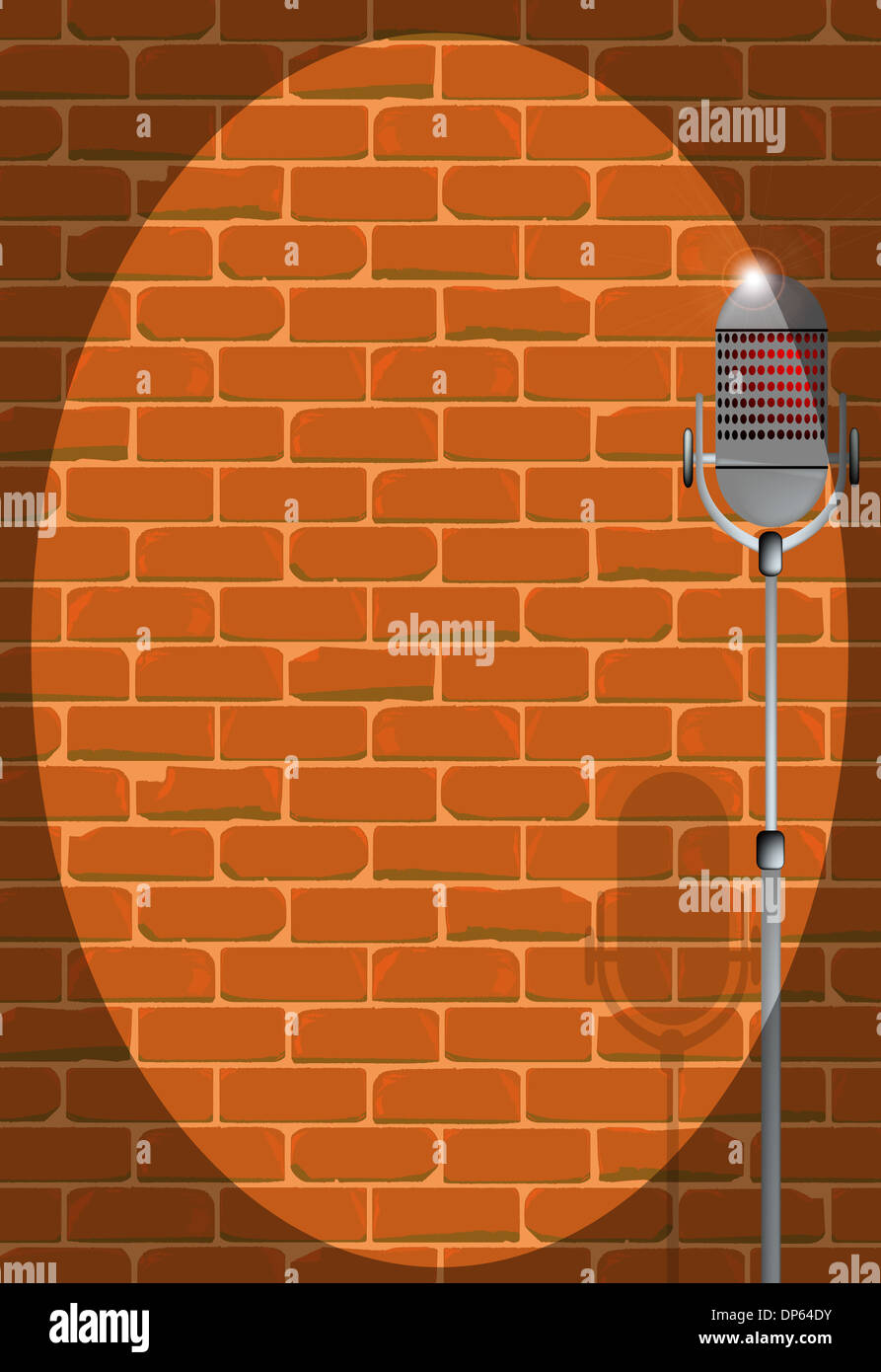 A red brick wall with microphone, spotlight and shadow - a stage ready ...
