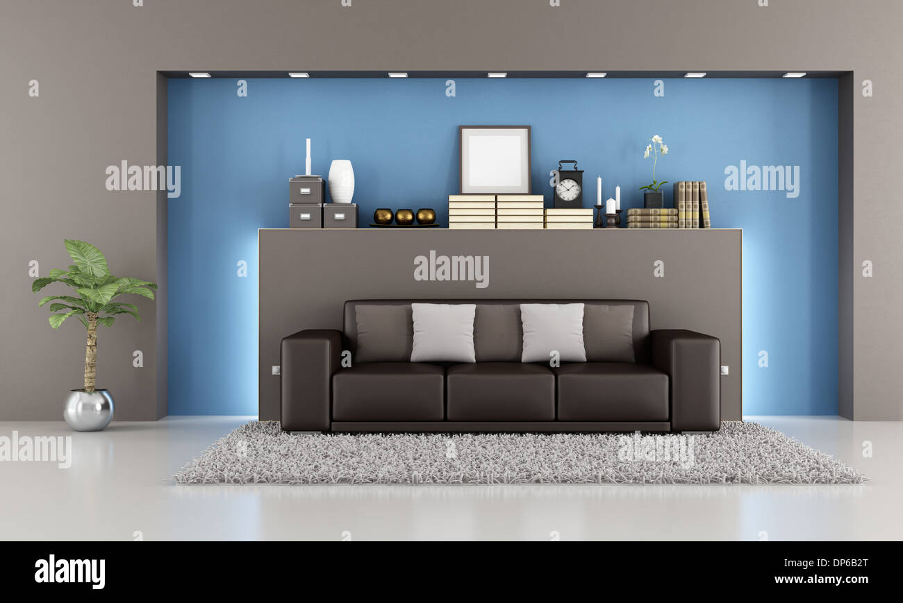 Elegant living room with brown sofa and niche - rendering Stock Photo ...