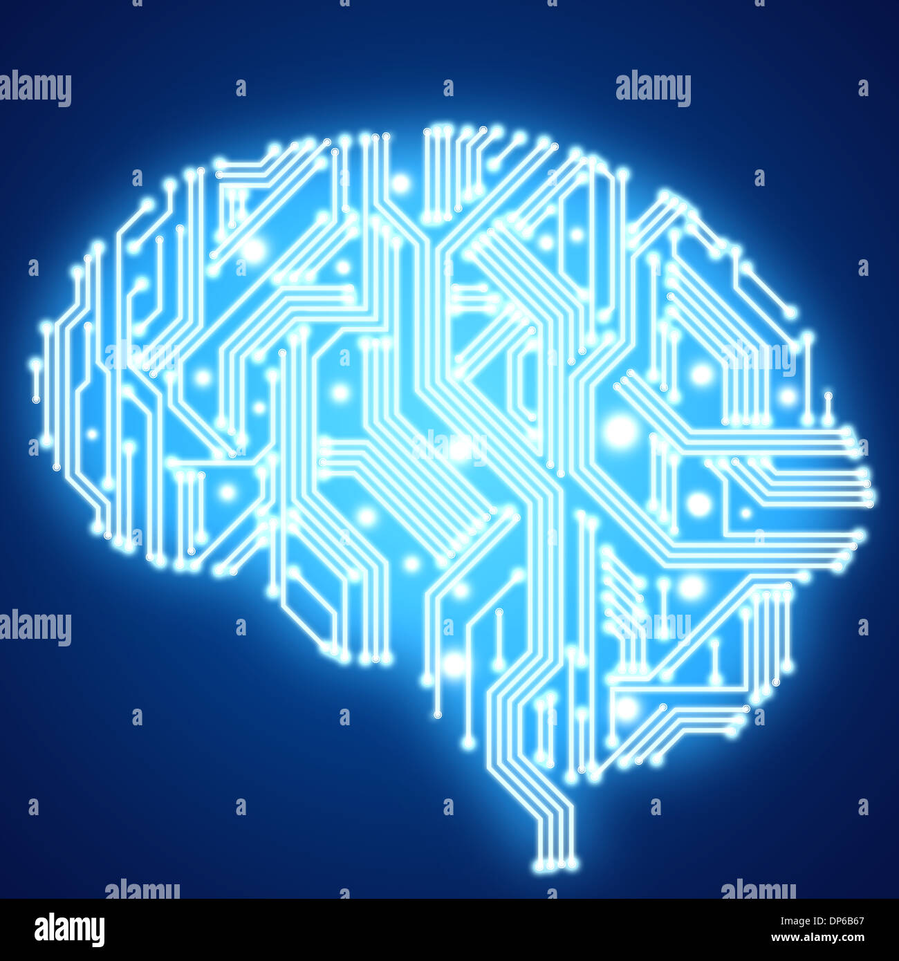 Illustration of human brain in form of circuit board on blue background ...