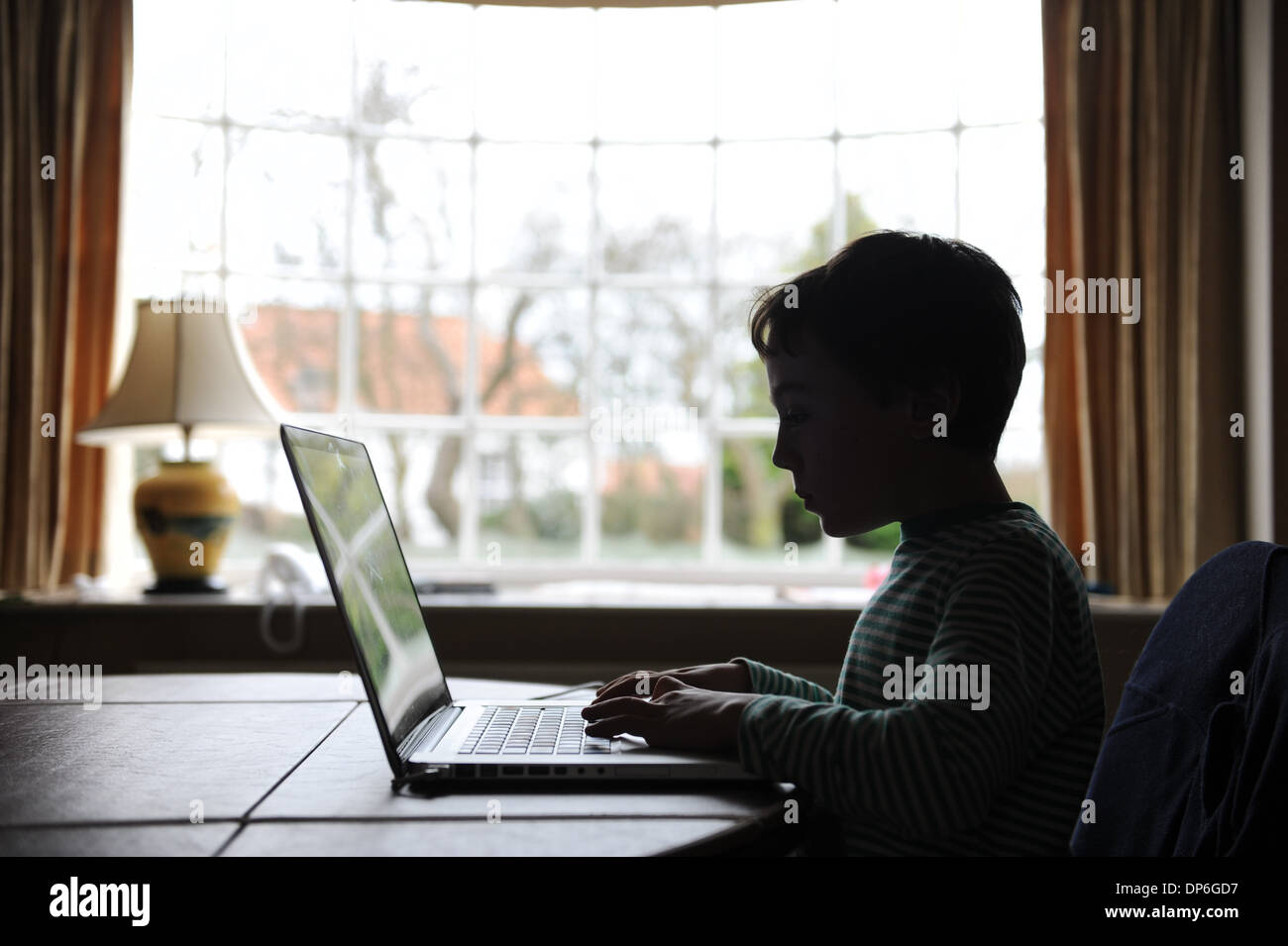 boy doing his homework using laptop in his home Stock Photo - Alamy