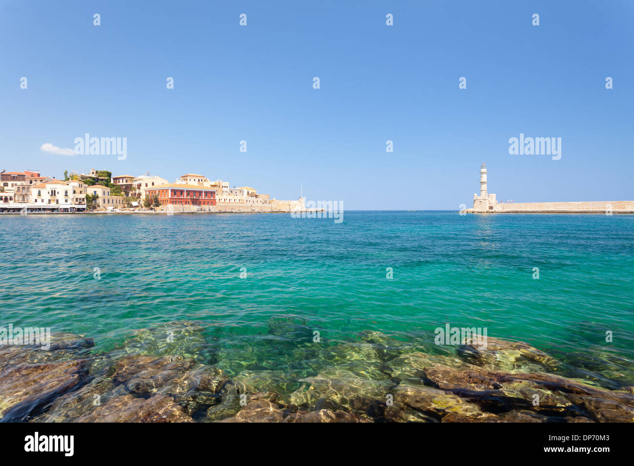 Venetian lighthouse at Chania bay in Crete Island, Greece Stock Photo ...