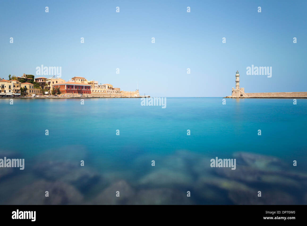 Venetian lighthouse at Chania bay in Crete Island, Greece Stock Photo ...