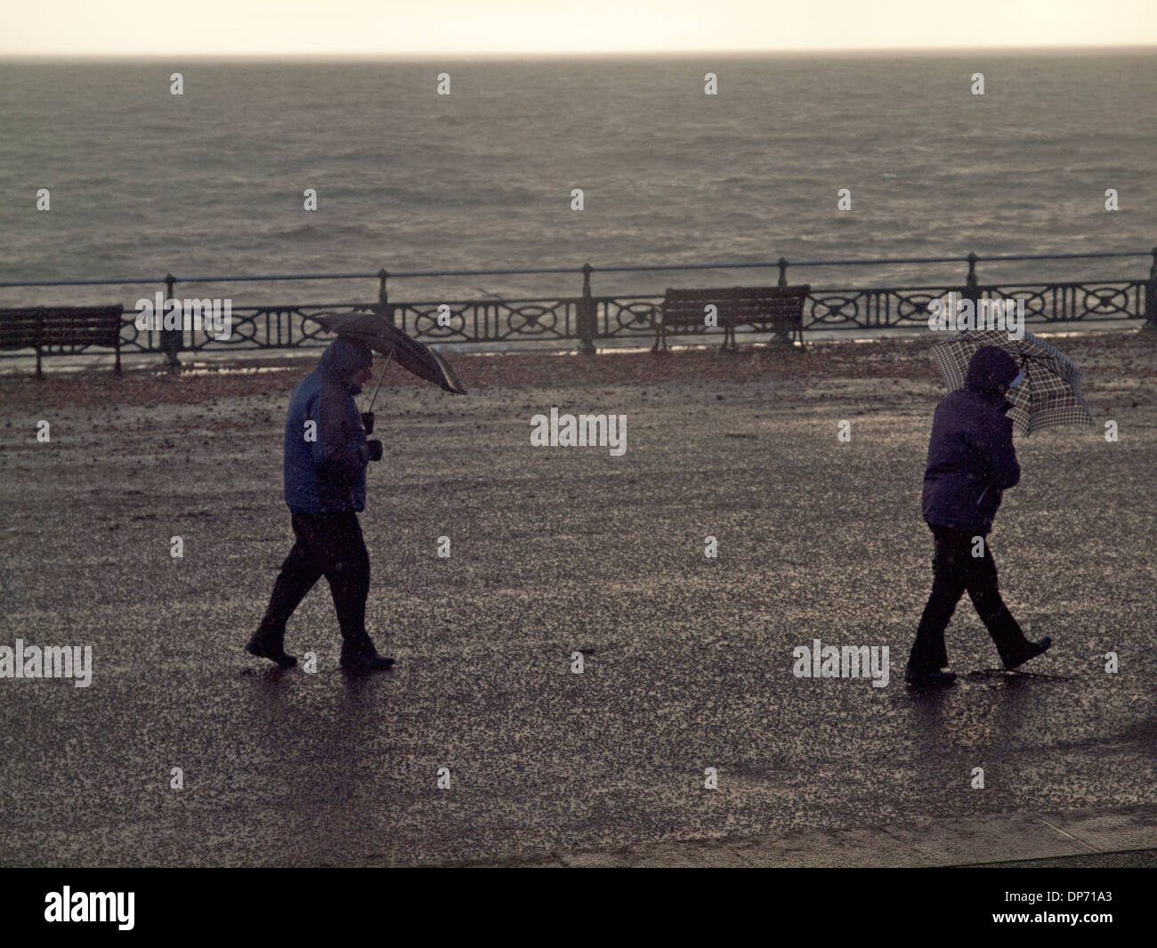 Battling the elements on a wet winter's day,on the seafront in Hove ...