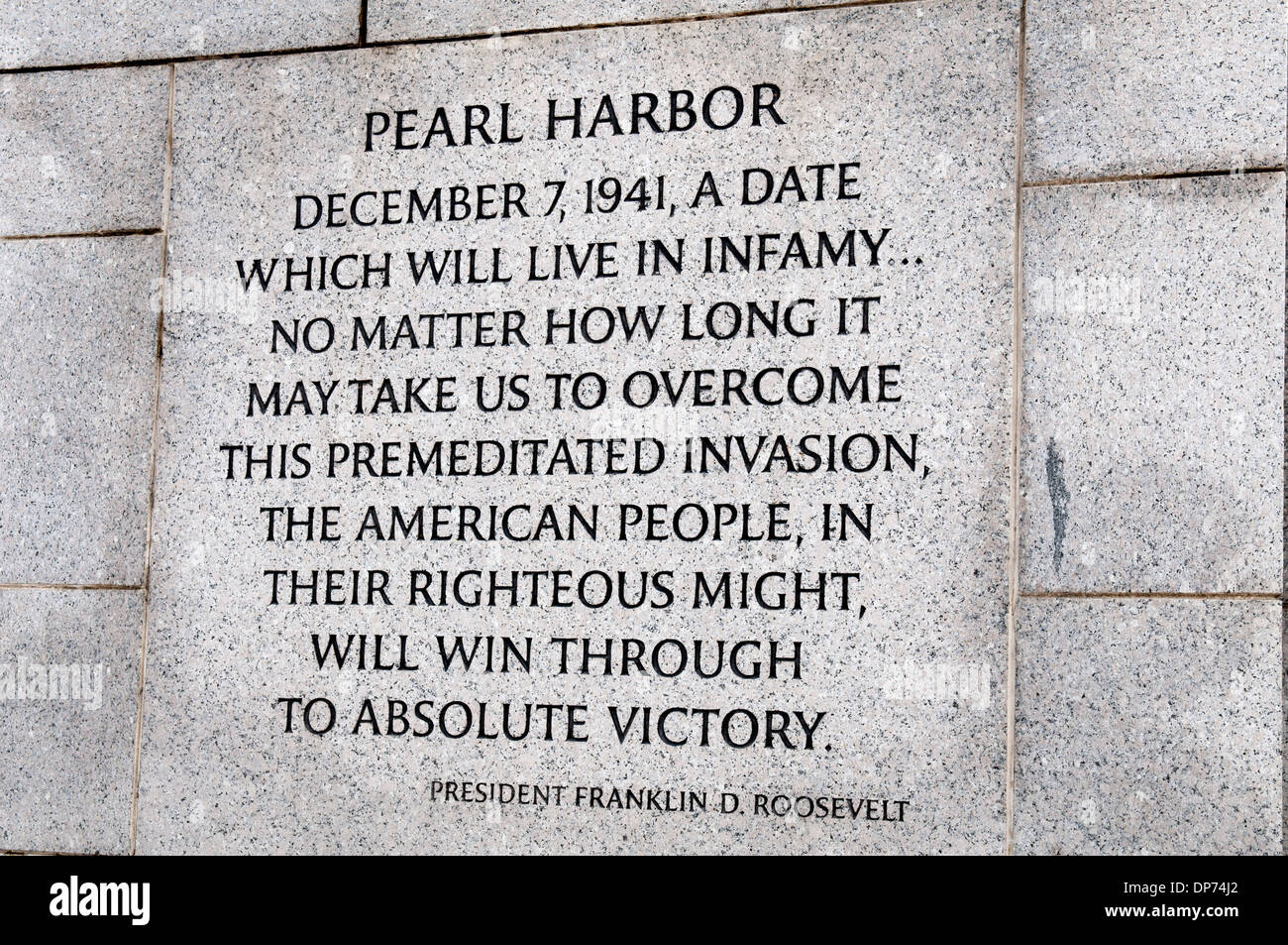 An inscription about Pearl Harbor on the National World War II Memorial ...