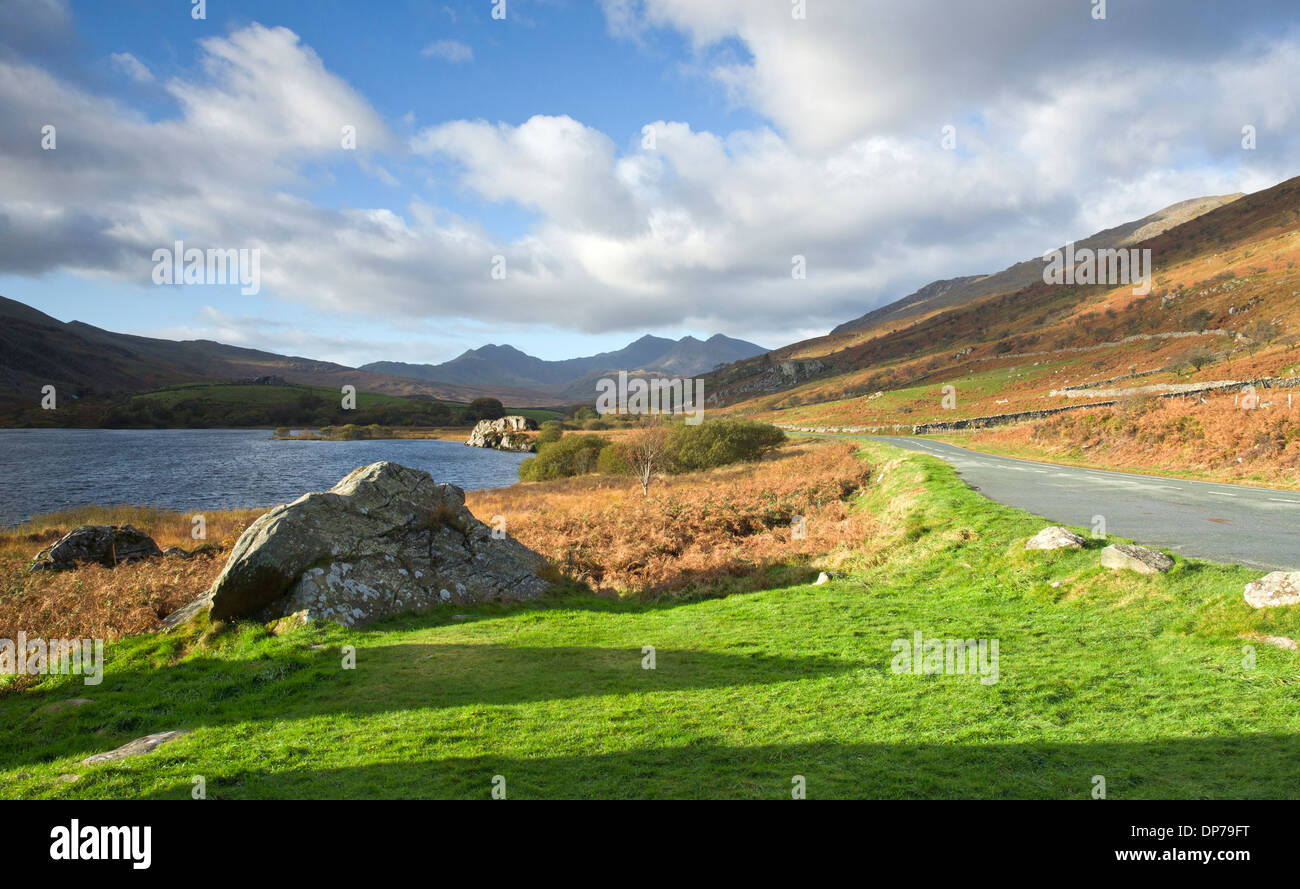 Photograph of Llyn Mymbyr with distant views of the Snowdon range of ...
