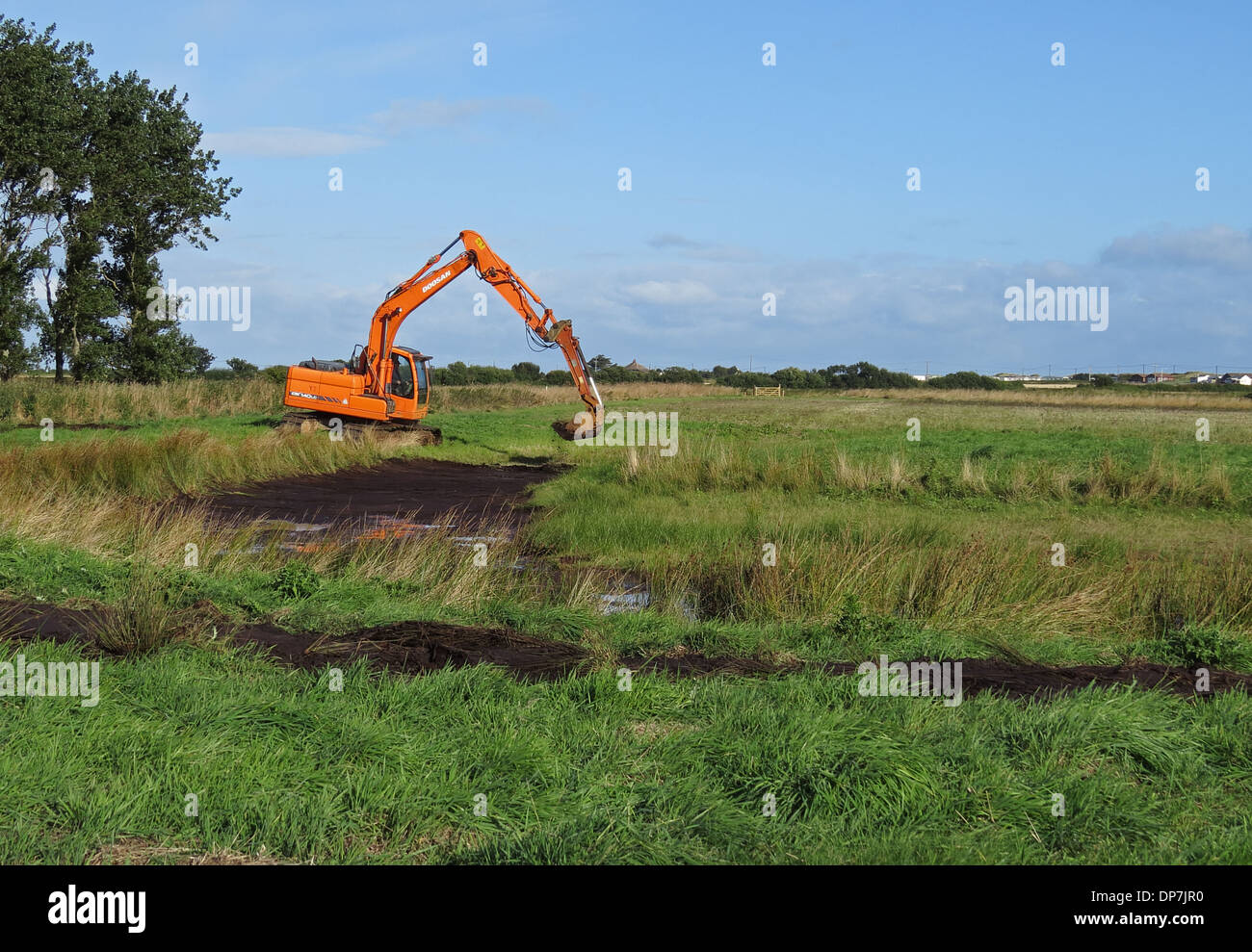 Excavator excavating wader scrape in 'Higher Level Stewardship' scheme ...