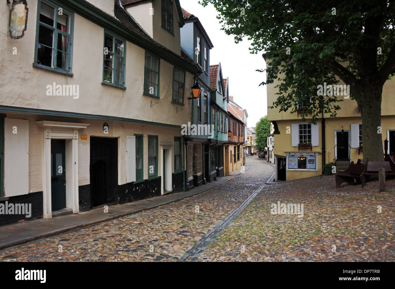 A view of the medieval Elm Hill in Norwich, Norfolk, England, United ...