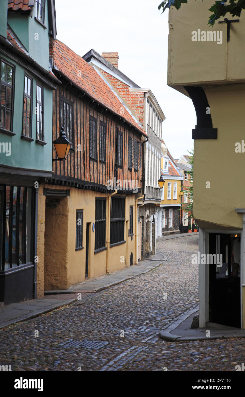 A view of the medieval Elm Hill in Norwich, Norfolk, England, United ...