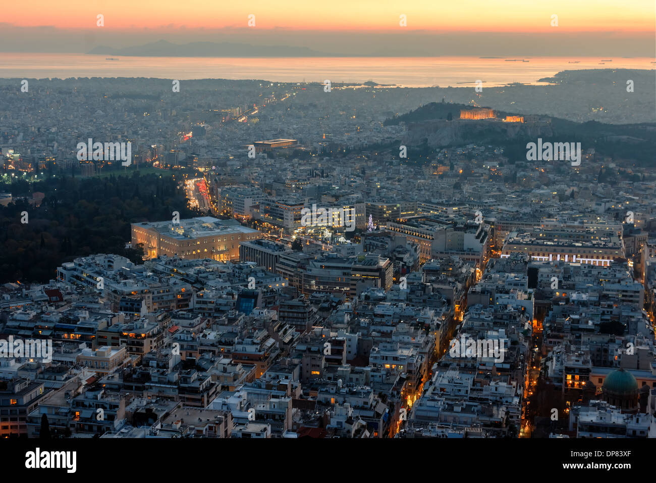 Athens skyline aerial view in the afternoon with the lights over blue ...