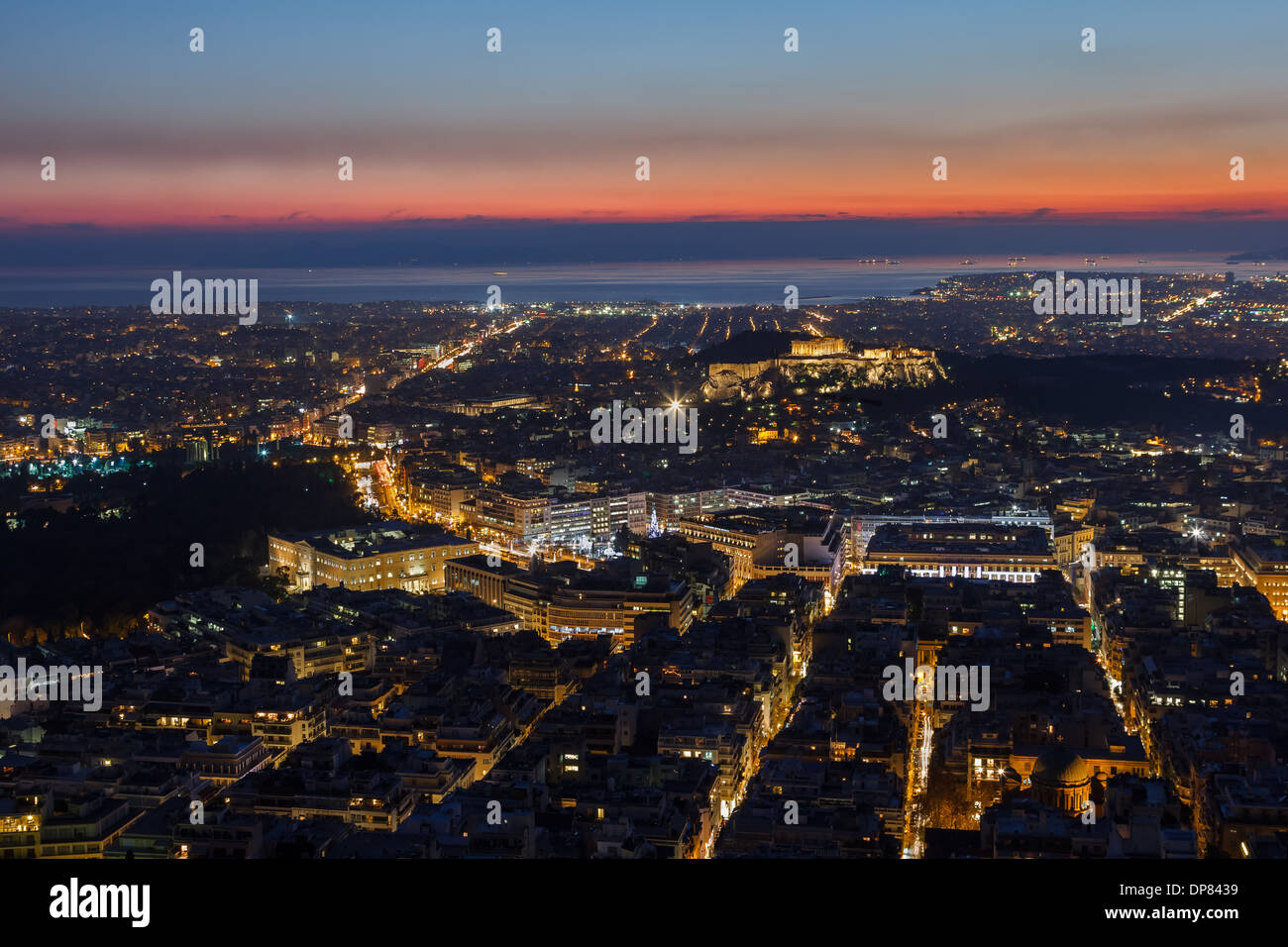 Athens skyline aerial view in the afternoon with the lights over blue ...