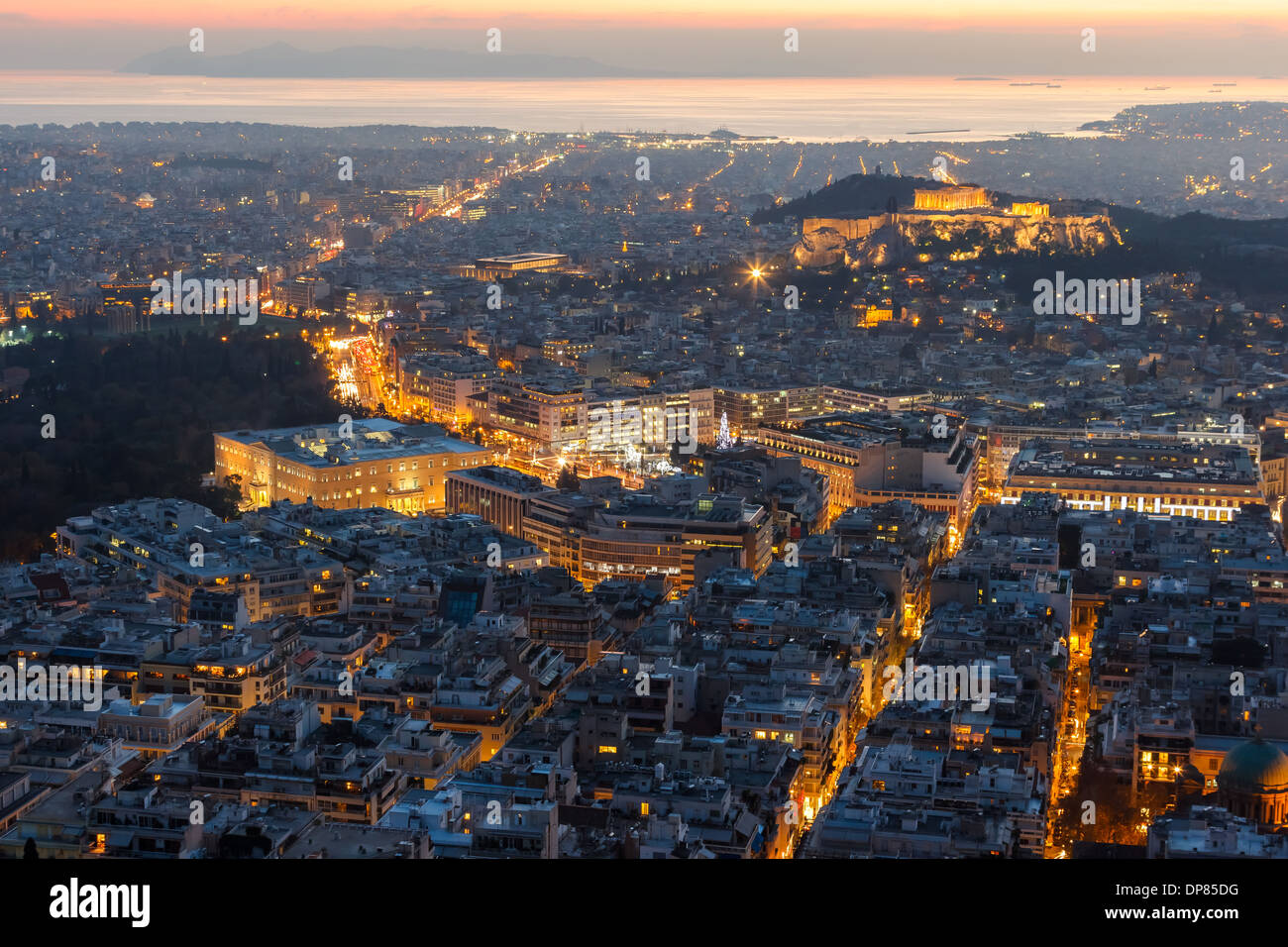 Athens skyline aerial view in the afternoon with the lights over blue ...